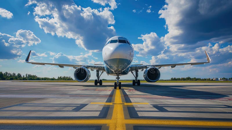 Airplane Front View on Runway Under Clouds Stock Illustration ...