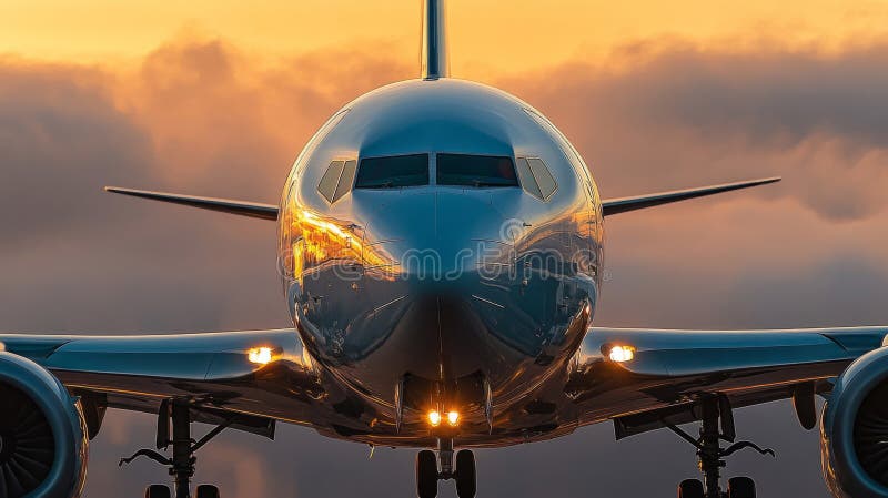 Airplane Front View at Sunset Golden Hour Stock Illustration ...