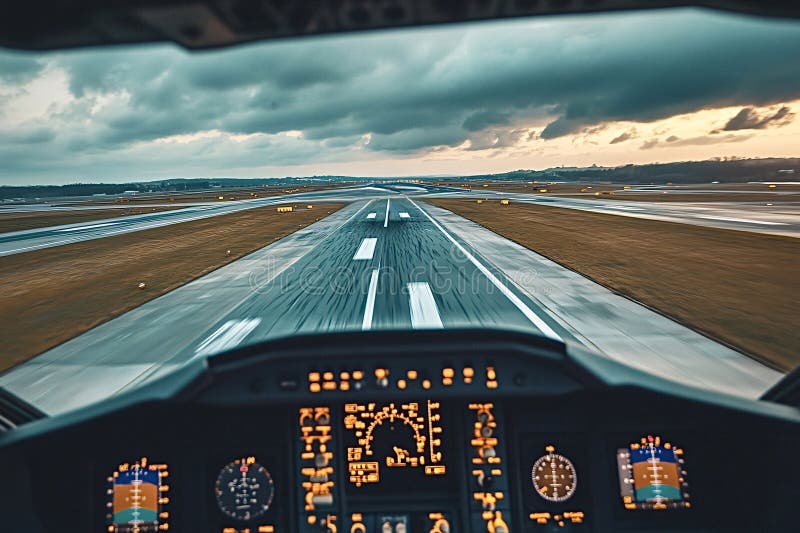 Airplane Gaining Speed on Runway during Takeoff from Cockpit View Stock ...