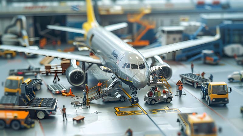 Airplane Ground Crew Performs Pre-Flight Preparations, Loading Cargo ...