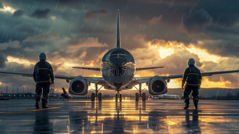 Airplane Ground Crew Working at Sunset. Stock Photo - Image of rain ...