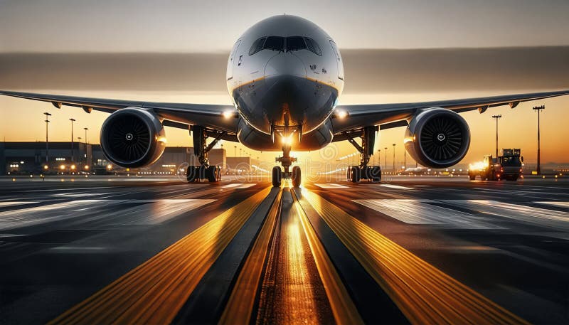 An Airplane Head-on at Sunset on the Runway, Ready for Takeoff with ...