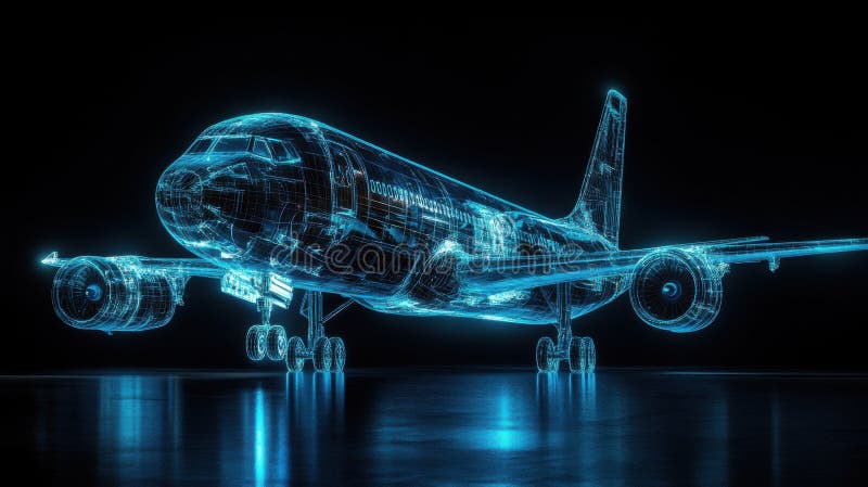 Airplane Hologram on Dark Background. Light Blue Wireframe of Aircraft ...