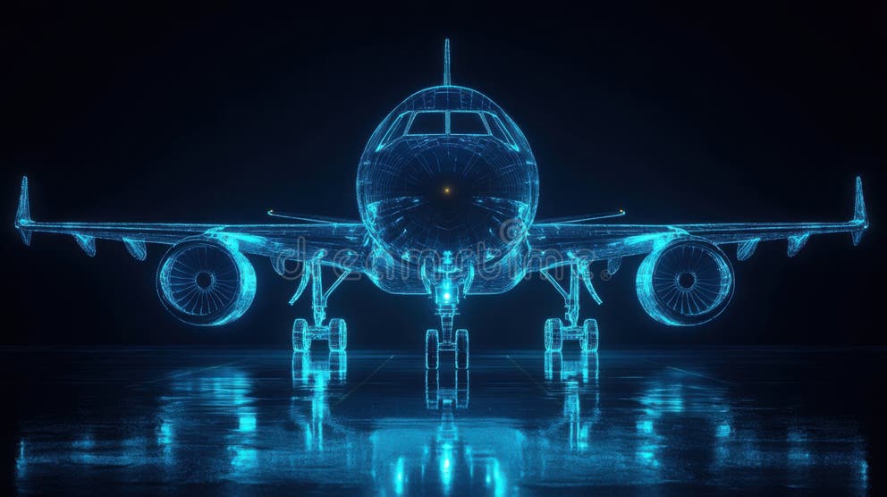 Airplane Hologram on Shiny Surface. Light Dots Compose the Airplane ...