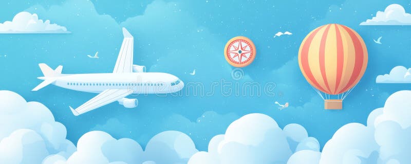 Airplane and Hot Air Balloon Flying Above Clouds with Compass Stock ...