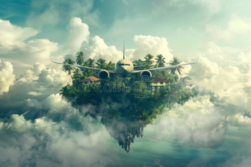 Airplane Hovering Above Cloud Island. Stock Photo - Image of flying ...