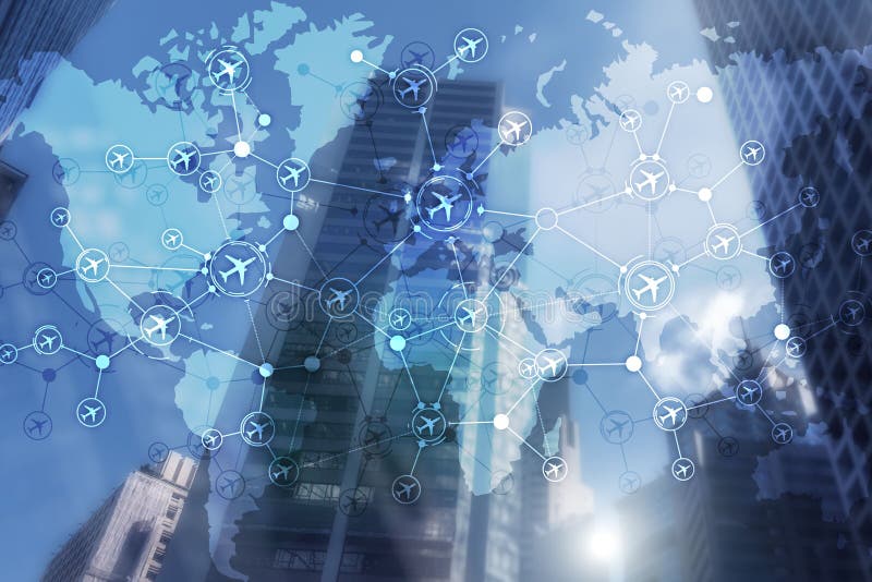 Airplane Icons on Modern City Background. Flight Schemes. Stock ...