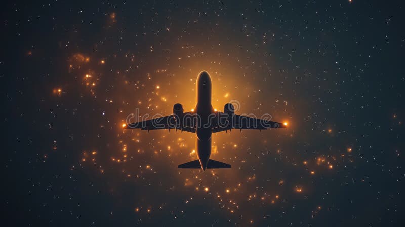 An Airplane with Illuminated Lights Flies through a Starry Night Sky ...
