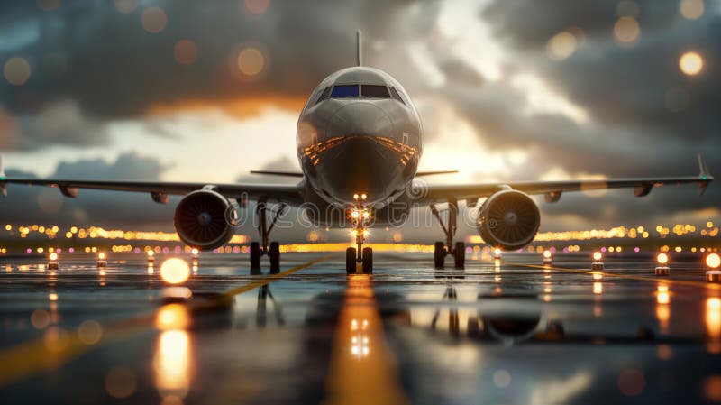 Airplane on Illuminated Runway Stock Photo - Image of dramatic ...