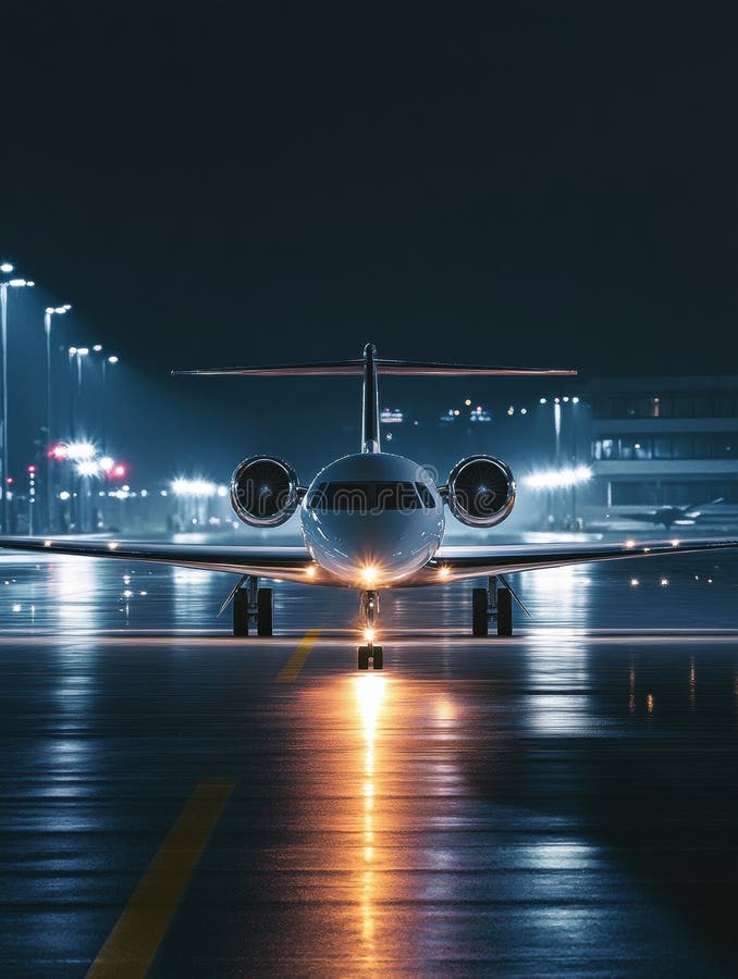 Airplane on Illuminated Runway with Navigation Lights during Night Time ...