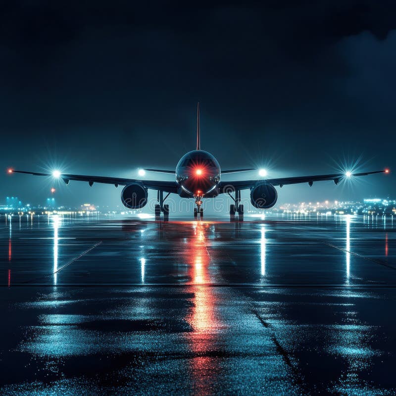 Airplane Illuminated Runway Night Navigation Lights Reflecting Wet ...