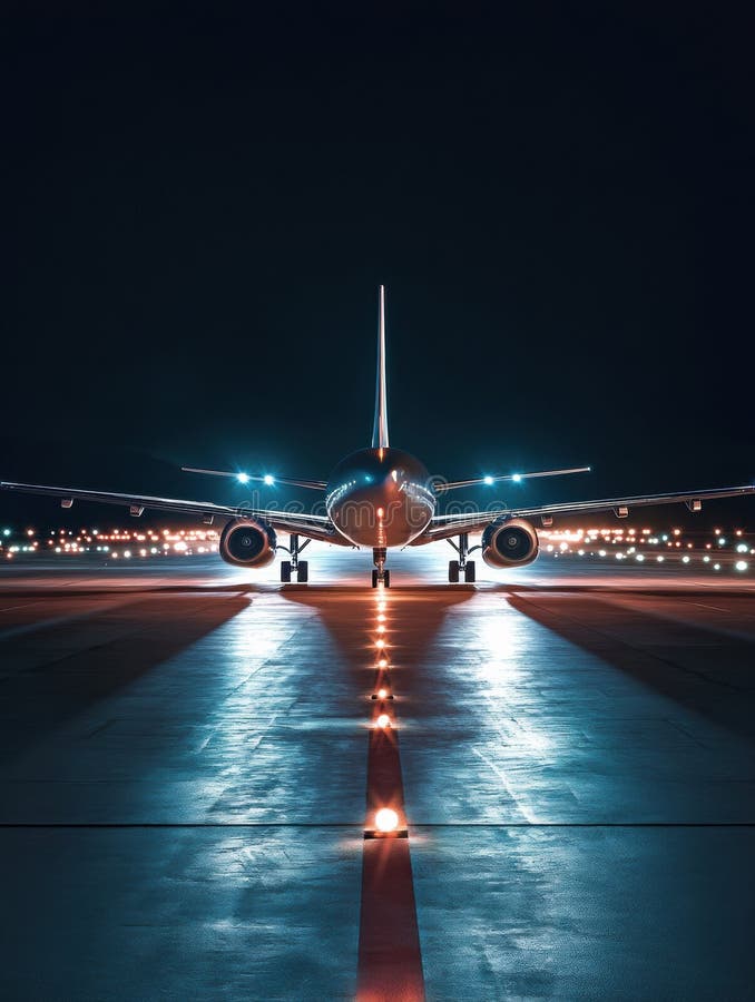 Illuminated Airplane Runway Night Bright Navigation Lights Surrounding ...