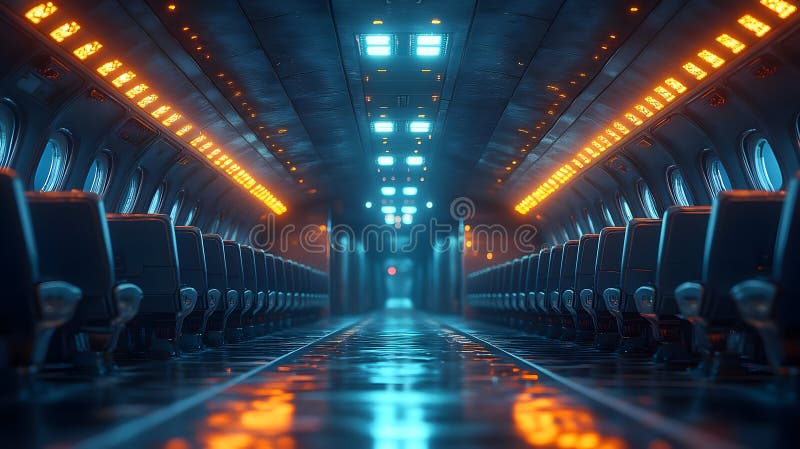 Airplane Interior 3D Illustration - Empty Seats and Reflective Floor ...