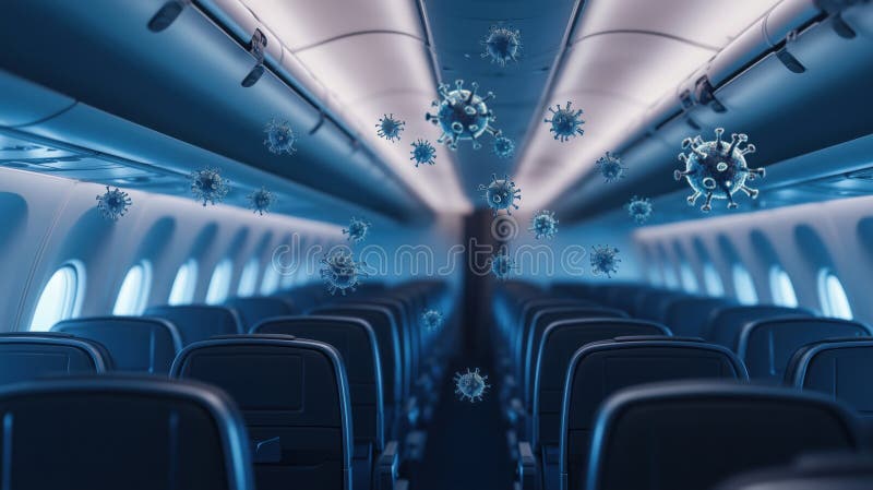 Airplane Interior with Floating Virus Particles Illustrating Airborne ...