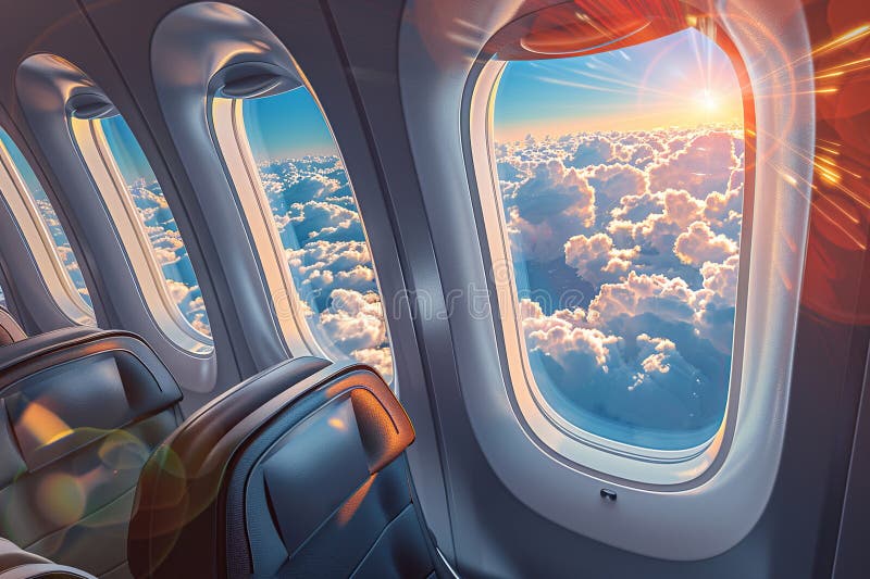 Airplane Interior with Many Windows and Seats in a Row. Ai Generative ...