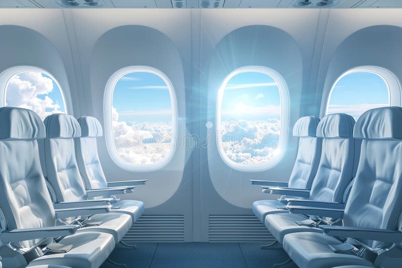 Airplane Interior with Many Windows and Seats in a Row. Ai Generative ...
