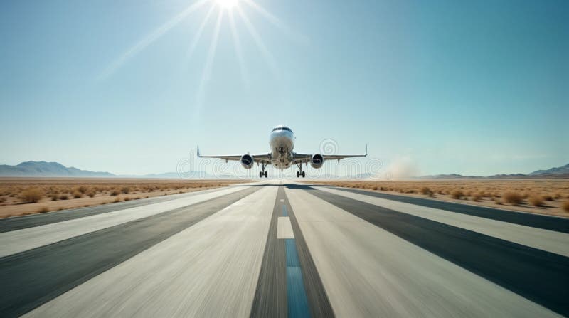 Airplane Landing on Desert Runway Under Clear Blue Sky and Sunshine ...
