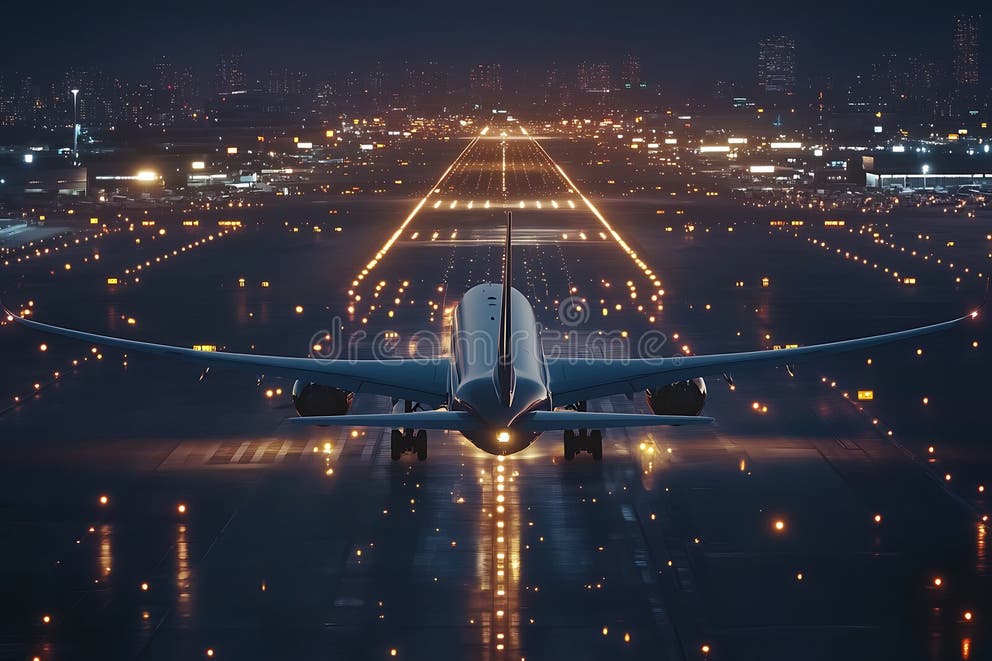 Airplane Landing at Night with Illuminated Runway, Dramatic View Stock ...
