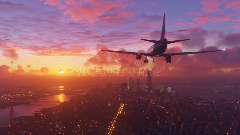 Airplane Landing Over City Skyline at Sunset Stock Image - Image of ...