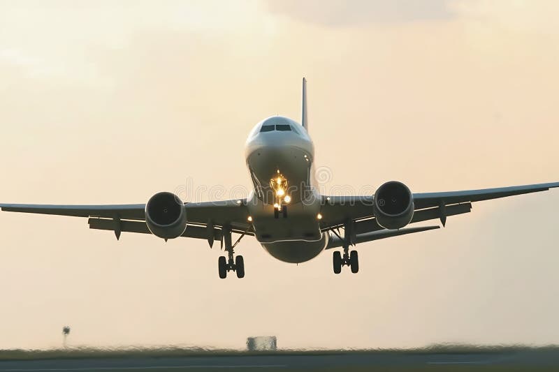 Airplane Landing on Runway at Sunset Stock Photo - Image of runway ...