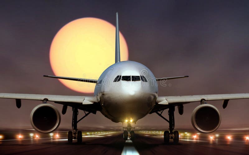 Airplane Landing on Runway during Sunset Stock Image - Image of night ...
