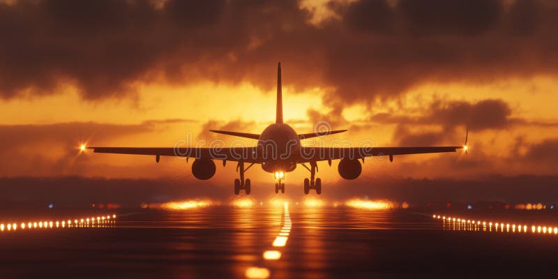 Airplane Landing on Runway at Sunset with Dramatic Sky and Glowing ...