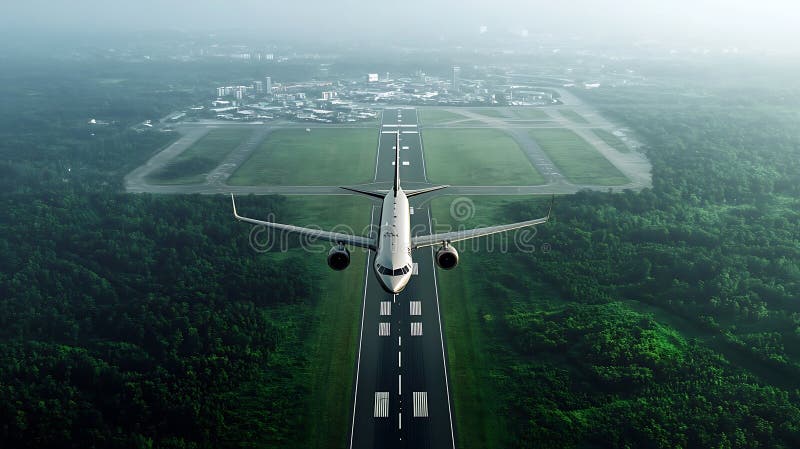 Airplane Landing on Runway, Surrounded by Green Landscape Stock ...