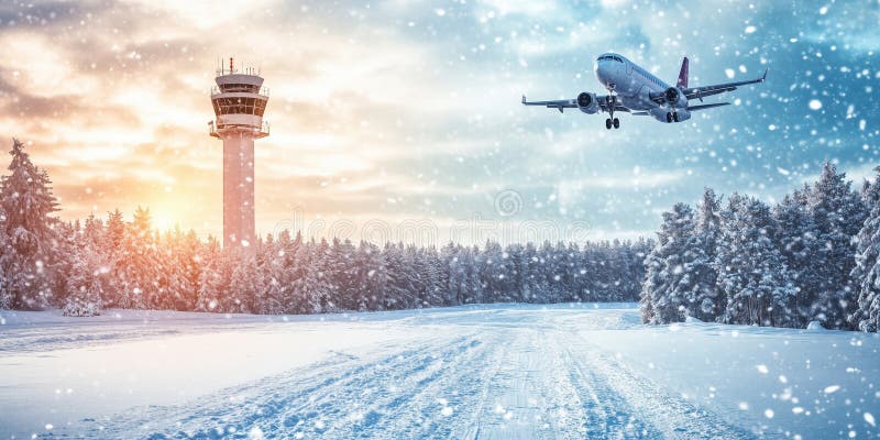 Airplane Landing Snowy Runway Sunset Winter Travel Stock Photos - Free ...