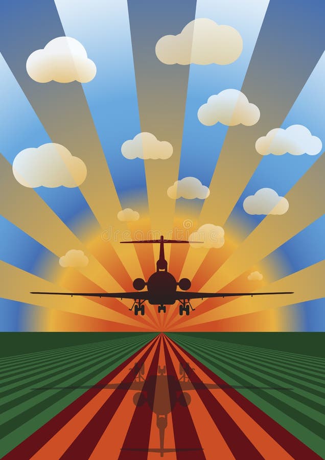 Airplane Landing at Sunset stock vector. Illustration of landscape ...