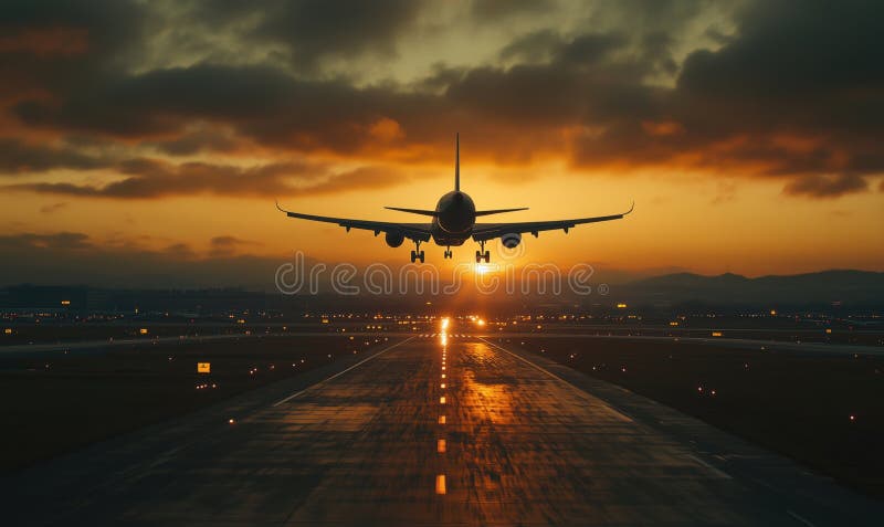 Airplane Landing at Sunset Over Airport Runway with Dramatic Sky Stock ...