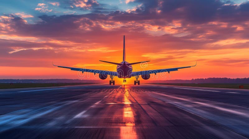 Airplane Landing at Sunset Runway Stock Illustration - Illustration of ...