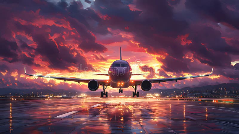 Airplane Landing at Sunset, Runway Reflection, Dramatic Sky Stock ...