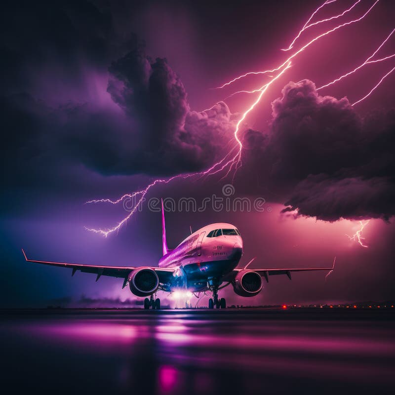 An Airplane with Lightning Behind it on the Runway. Generative AI Stock ...
