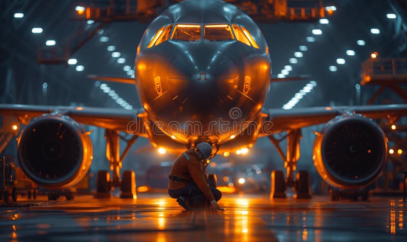 Airplane Maintenance at Night Stock Photo - Image of airliner, worker ...