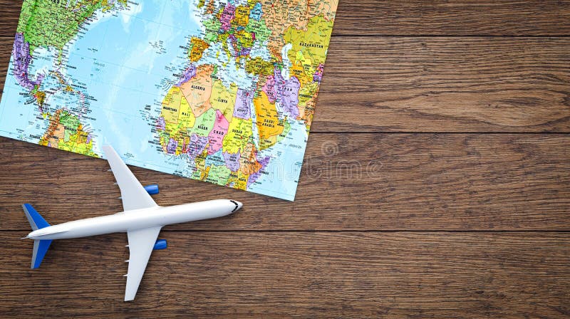 Airplane and World Map Wooden Table Background. Concept Travel. Empty ...