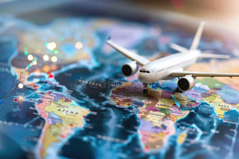 Airplane Model Over World Map with Travel Destinations and Pins Stock ...