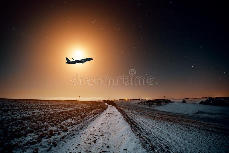 Airplane before Moon in Winter Stock Image - Image of distance, human ...