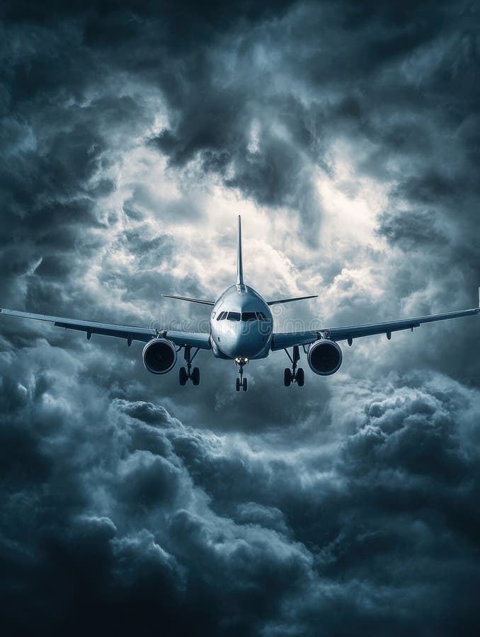 Dramatic Airplane Surrounded by Dark Clouds during Turbulent Flight ...