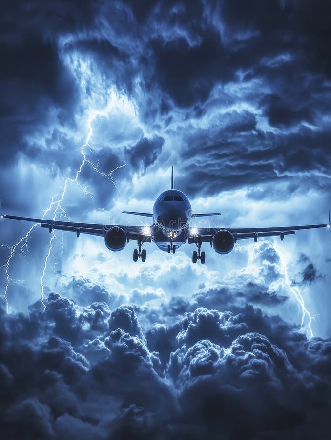 Airplane Navigates through Dramatic Stormy Clouds with Lightning in the ...
