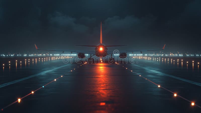 Airplane Navigates Illuminated Runway at Night Surrounded by Bright ...