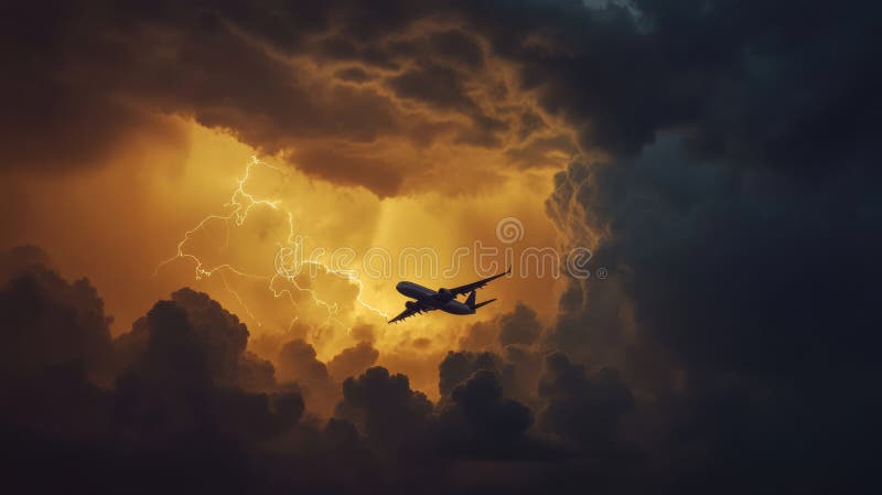 Airplane Navigates Turbulent Stormy Clouds during a Dramatic Evening ...