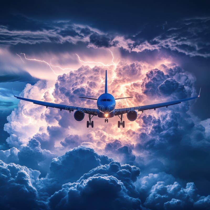 Airplane Navigates through Turbulent Stormy Clouds with Lightning ...
