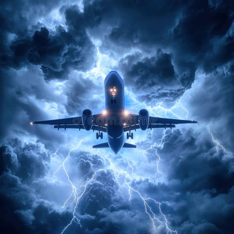 Airplane Flying Heavy Storm Clouds Dramatic Lightning Rain Stock Photos ...
