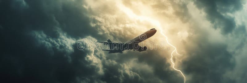 Airplane Navigating through Tumultuous Storm Clouds Illuminated by ...
