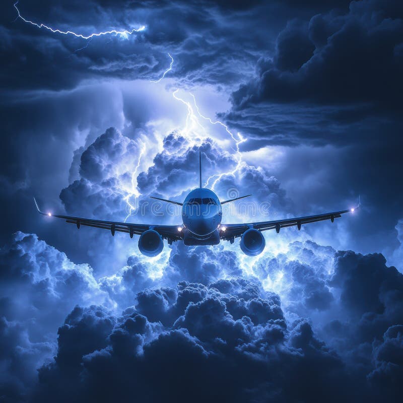 Airplane Navigating through Turbulent Storm Clouds Illuminated by ...