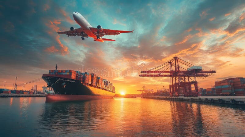 Airplane Over Cargo Ship stock image. Image of aviation - 380266719