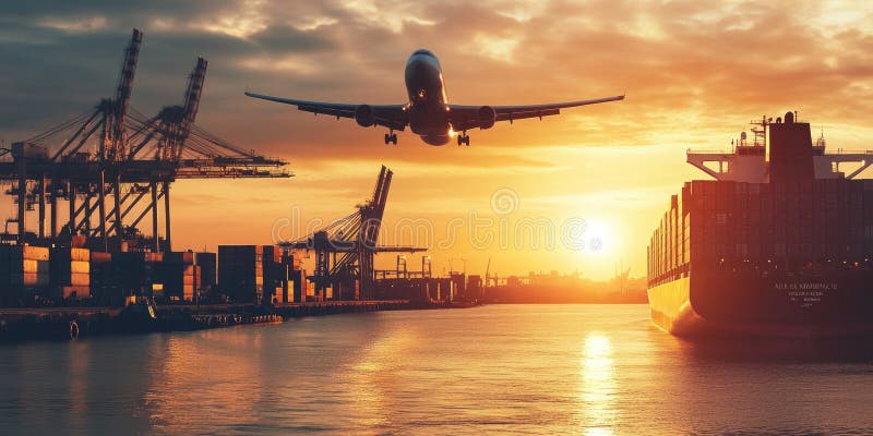 Airplane Over Cargo Ship stock image. Image of maritime - 378812393