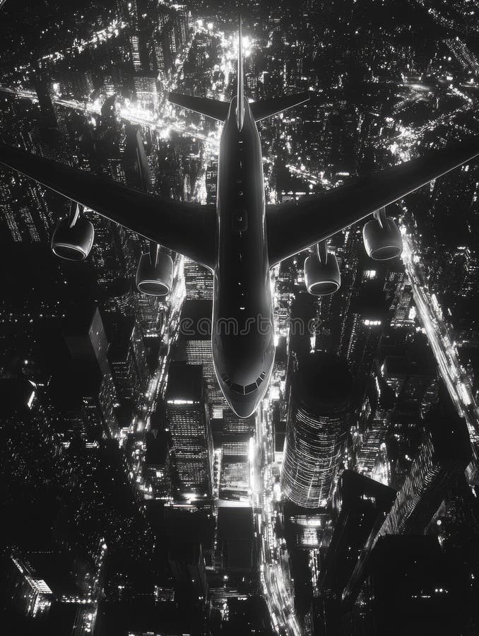 AirPlane Over City Night stock photo. Image of flight - 373246890