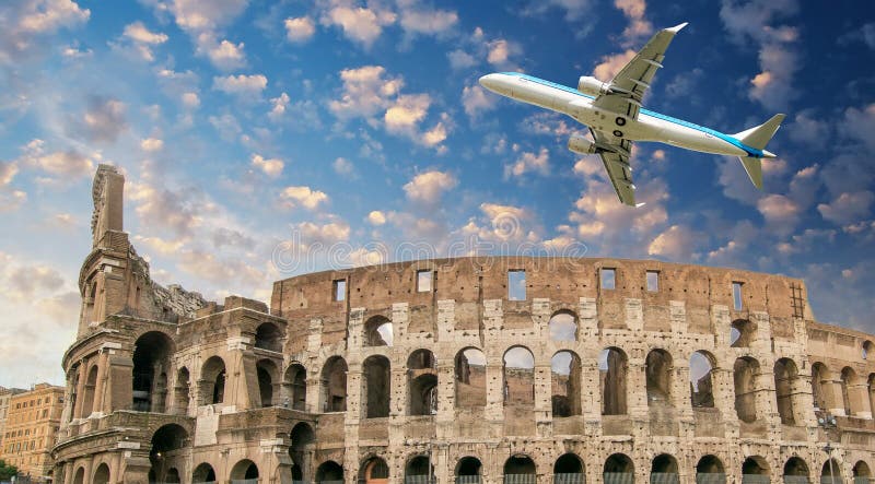 Airplane Over Colosseum in Rome Stock Photo - Image of monument, europe ...