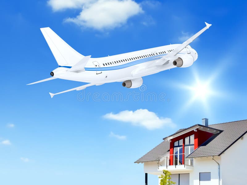 Airplane over house stock illustration. Illustration of travel - 56672452